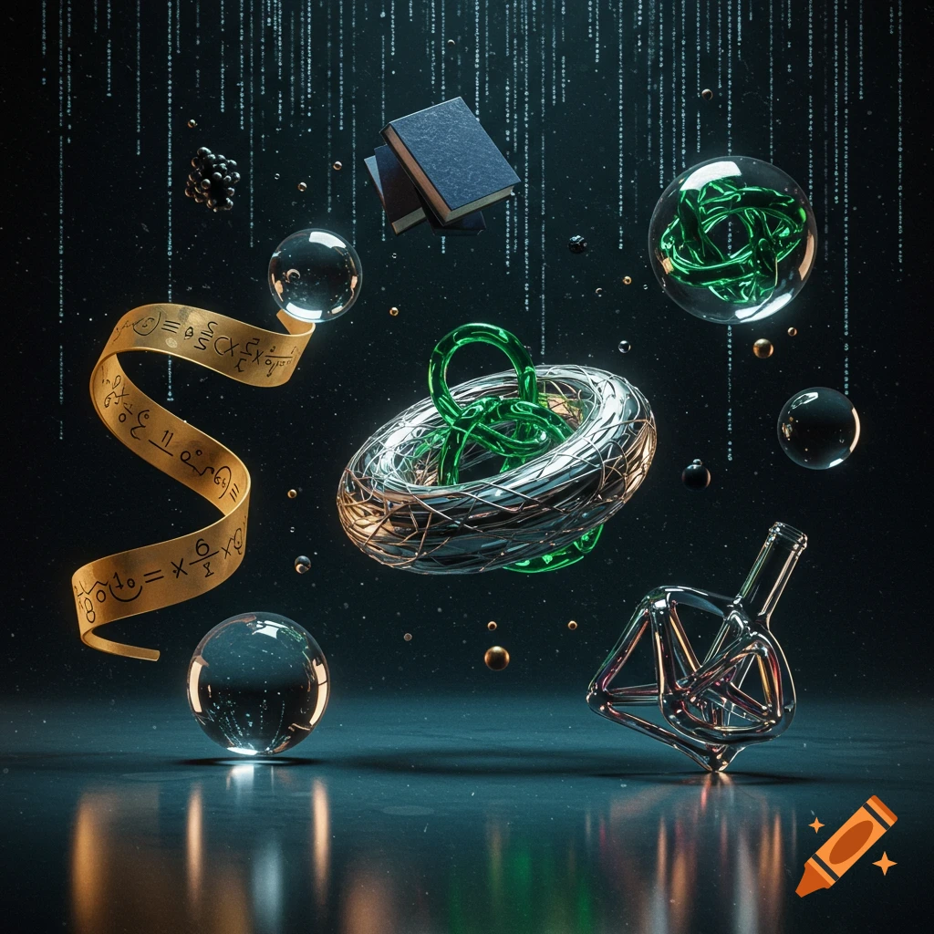 Abstract geometric sculpture featuring gold and silver stars, spheres, interconnected pipes, and ...