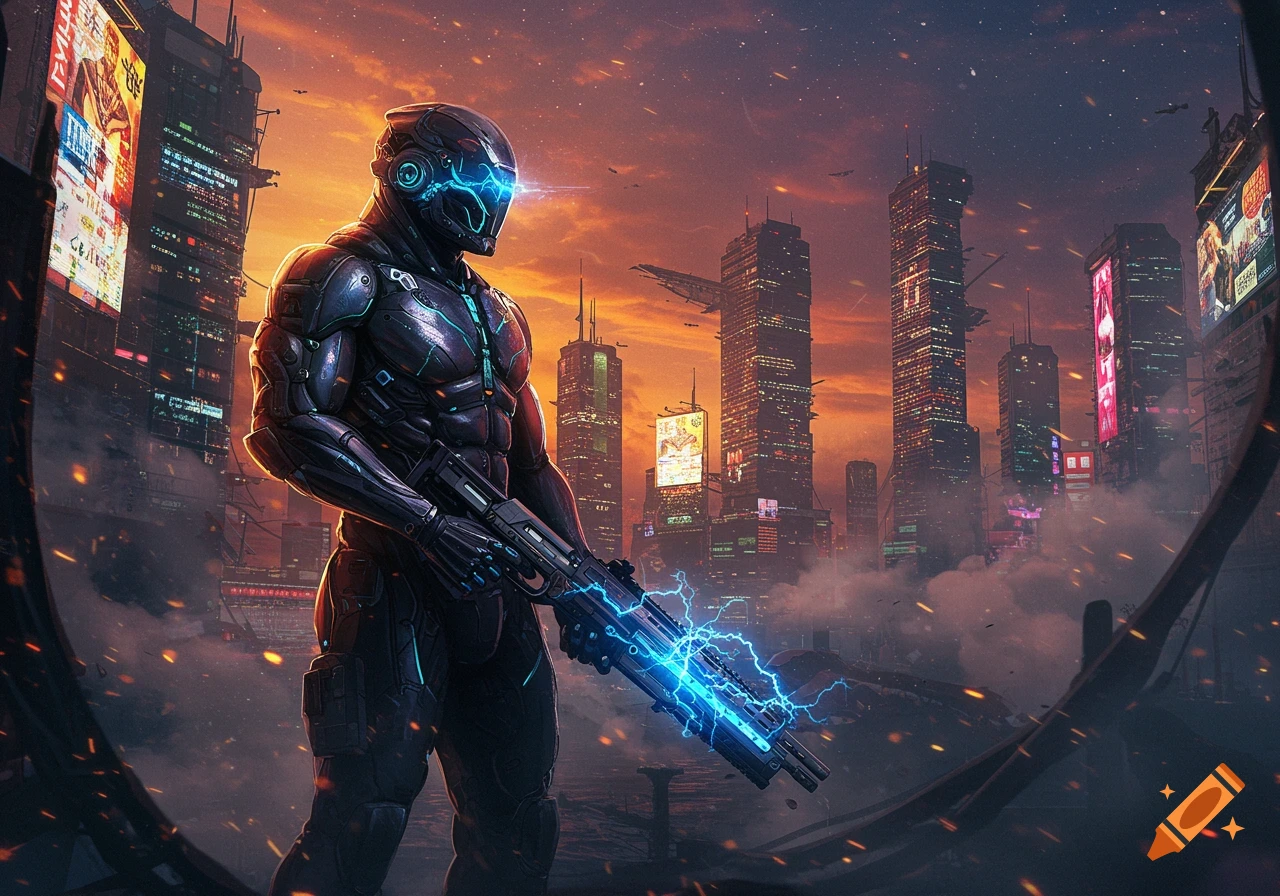 An orange and gray female robot stands in front of a giant orange ...