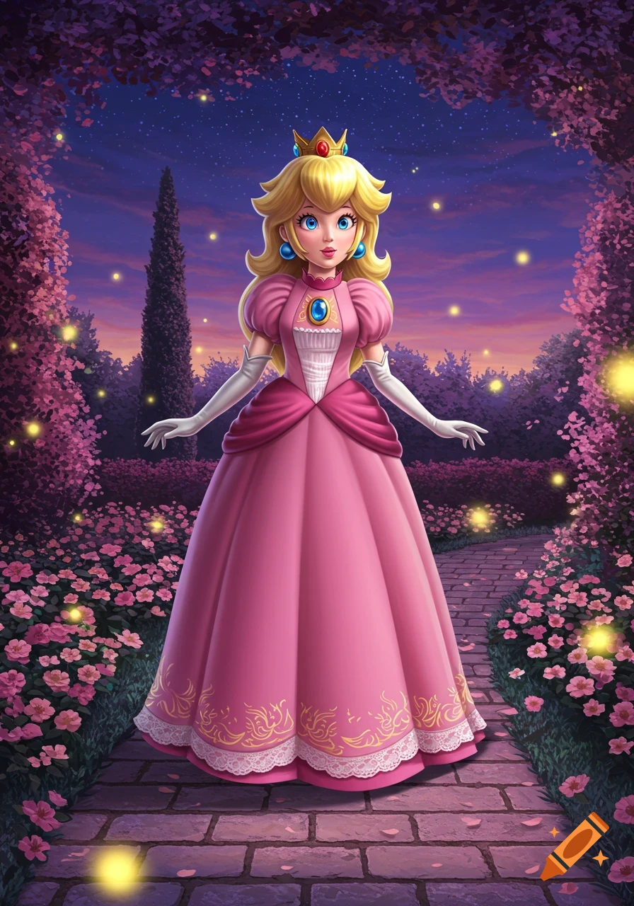 Princess Peach in a pink kimono meditating in a Japanese garden with ...