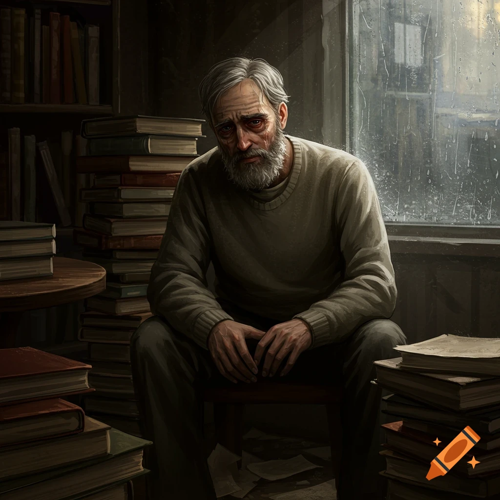 An old man with a grey beard sits under a vibrant autumn tree in a ...