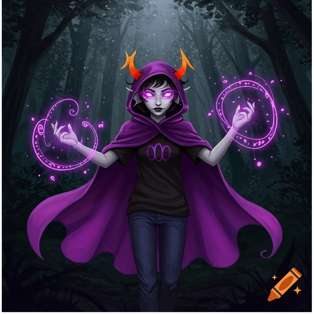 A grey-skinned character with orange horns and glowing purple eyes ...