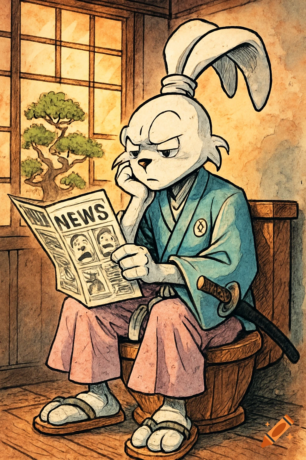 A comic-style anthropomorphic rabbit samurai sits on a wooden toilet ...