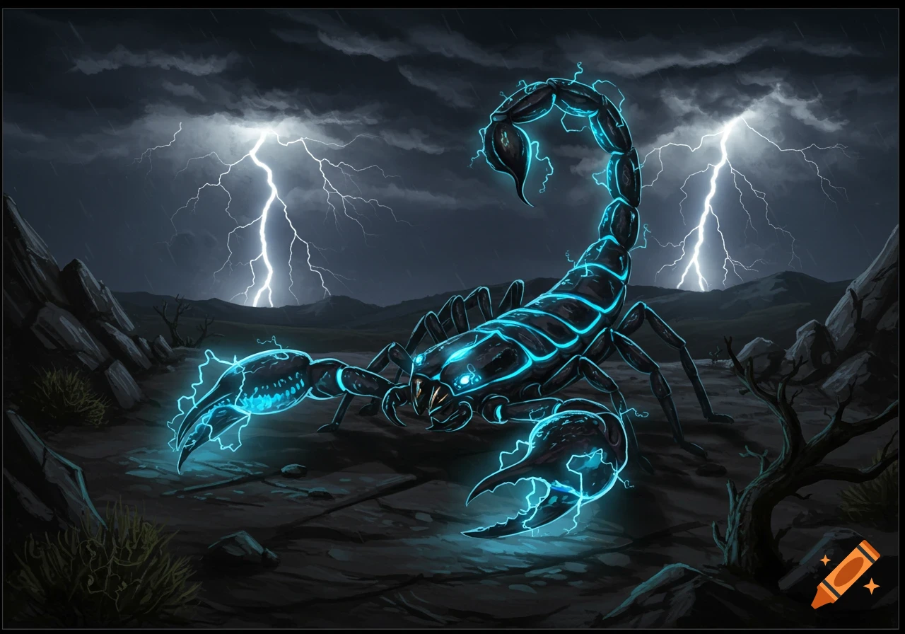 A lizard-headed scorpion stands on a rock in a desert landscape with a ...