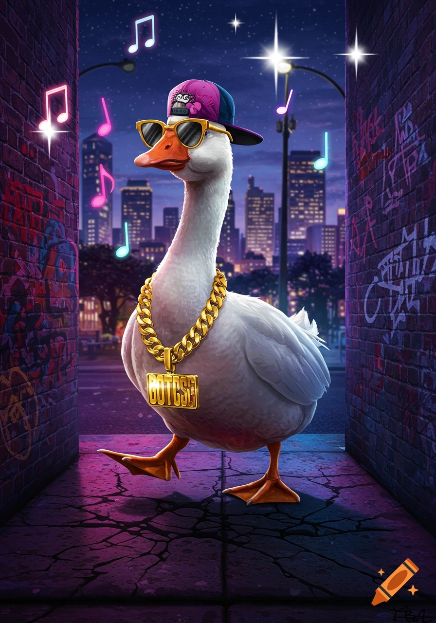 A giant, monstrous duck with glowing green eyes and teeth zaps a man ...