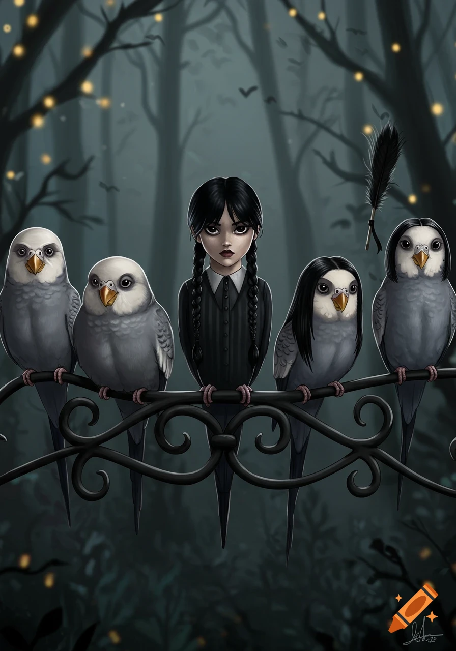 Black and white illustration of Wednesday Addams standing in front of a ...