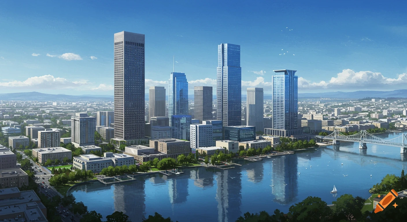 Photorealistic rendering of multiple modern glass skyscrapers and a ...