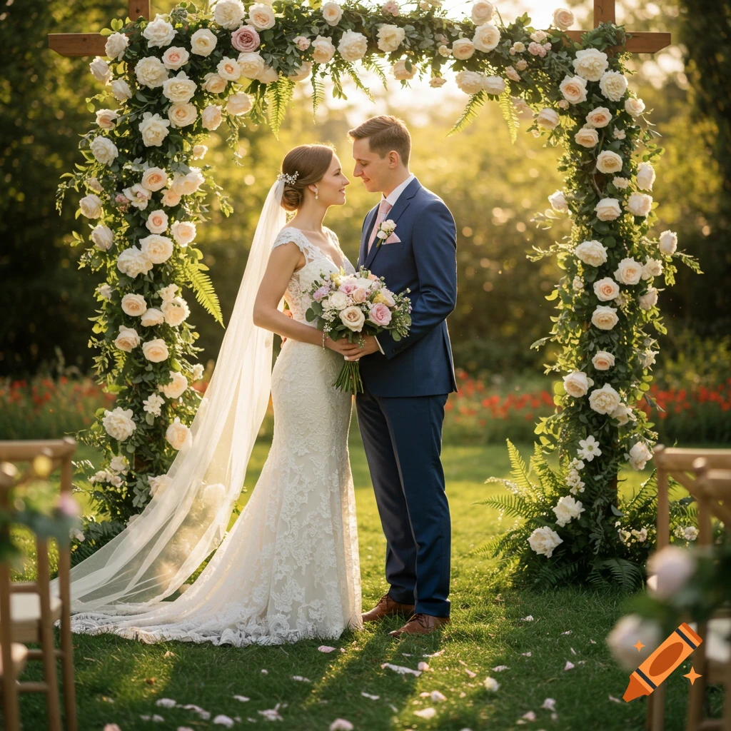 A bride and groom lovingly gaze at each other under a flower-covered ...