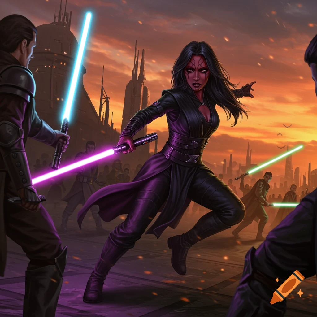 A dark-haired female Sith with red facial markings wields a purple ...