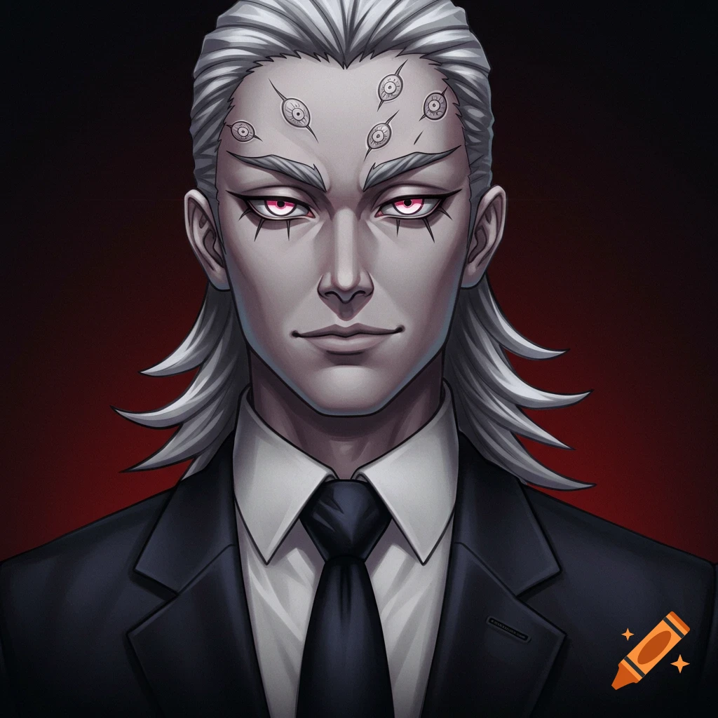 An anime-style portrait of a man with gray skin, white spiky hair ...