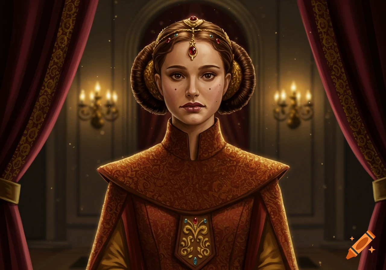 A woman resembling Padme Amidala in an ornate red and gold gown stands ...