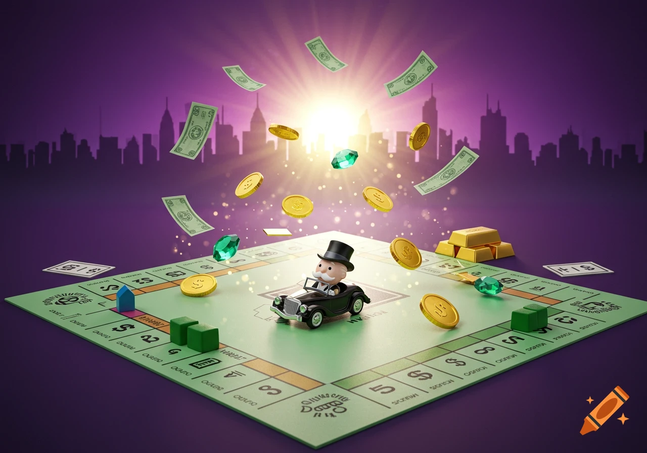 Monopoly board with Mr. Monopoly in a car, money and gems floating ...
