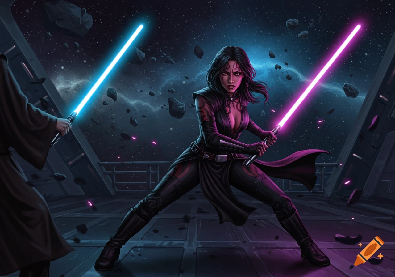 A dark-haired female character in a black Sith outfit with a purple ...