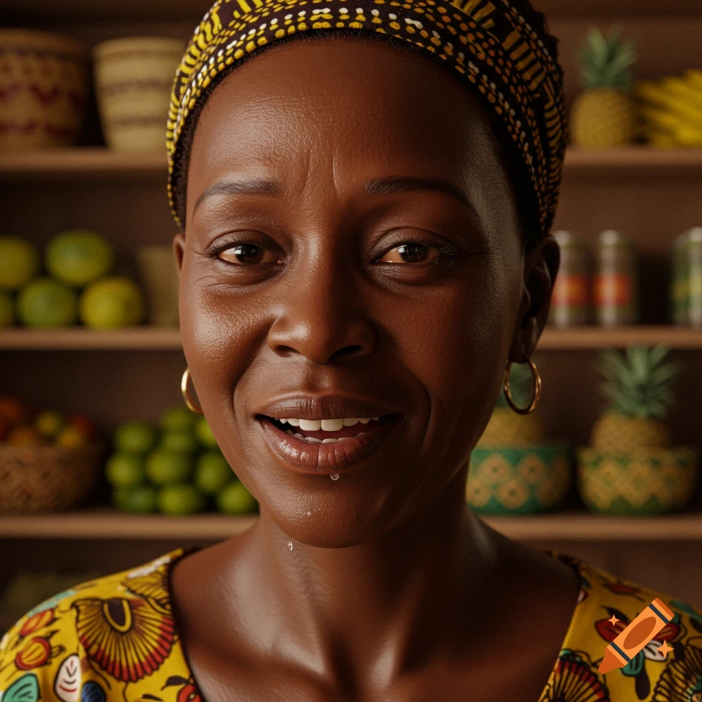 Photorealistic closeup of a smiling middle-aged African woman with a ...