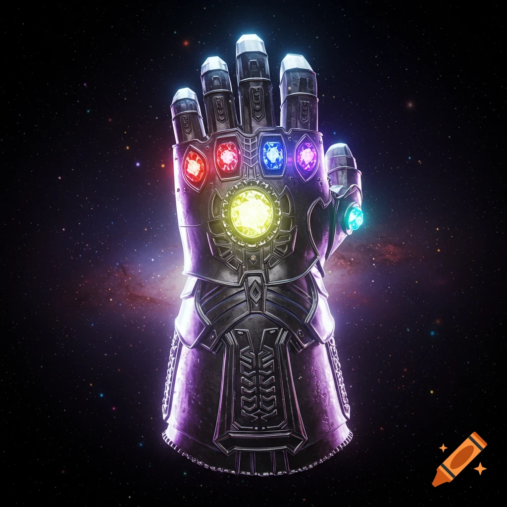 A detailed view of a metallic gauntlet adorned with six glowing, multicolored gems, set against ...