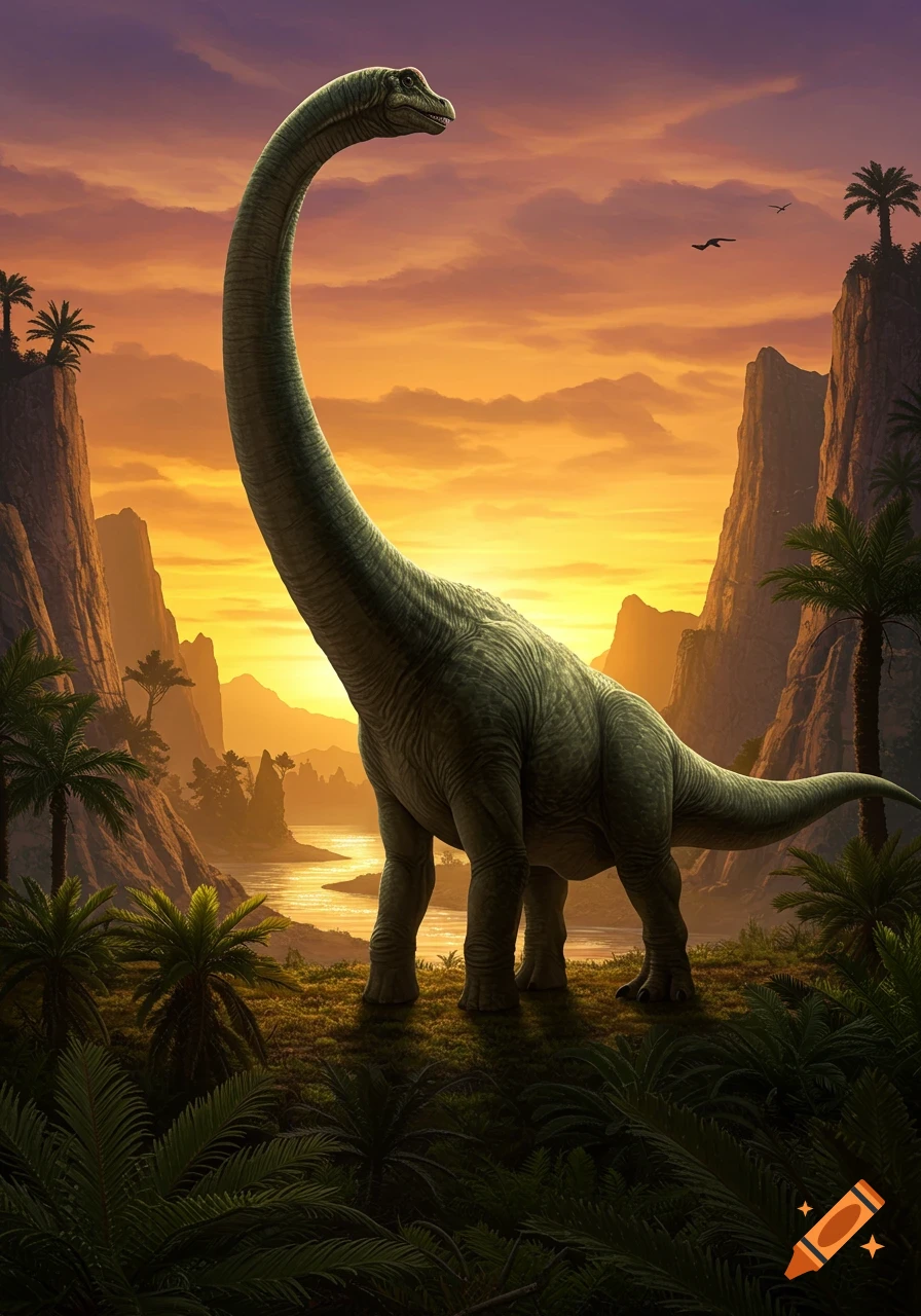 A long-necked Brachiosaurus stands in a lush, prehistoric landscape ...