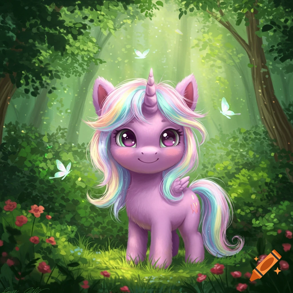 A cute purple unicorn-pegasus with a pastel rainbow mane and tail stands in a lush green forest ...