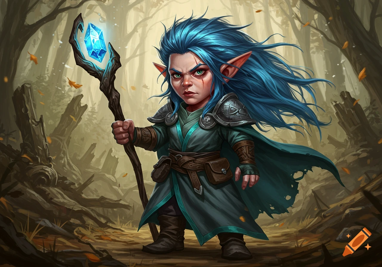 A stylized digital art portrait of a female gnome with unruly blue hair ...