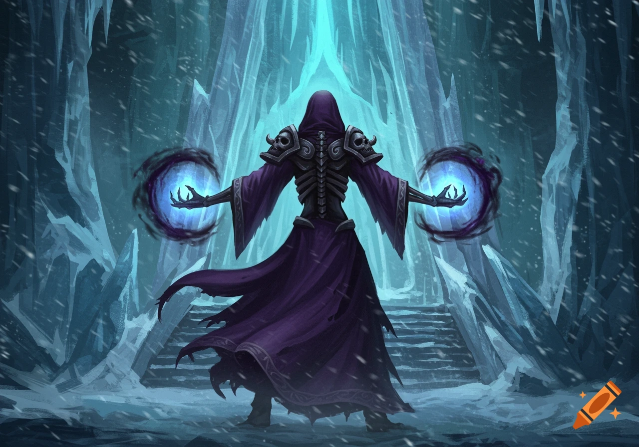 A witch in green robes and purple shawl holding a glowing blue orb and ...