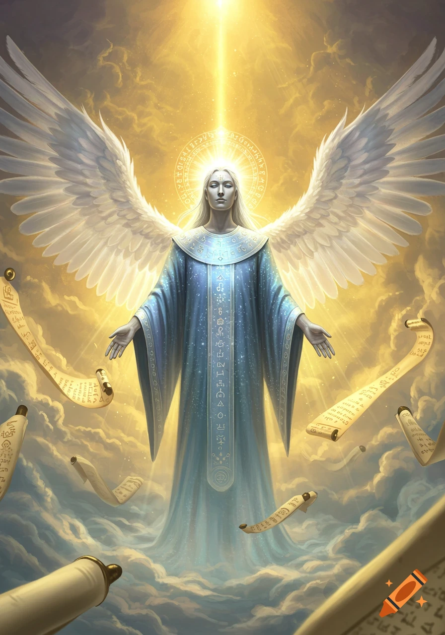 Several male angels with wings and halos floating in the sky amidst clouds. on Craiyon