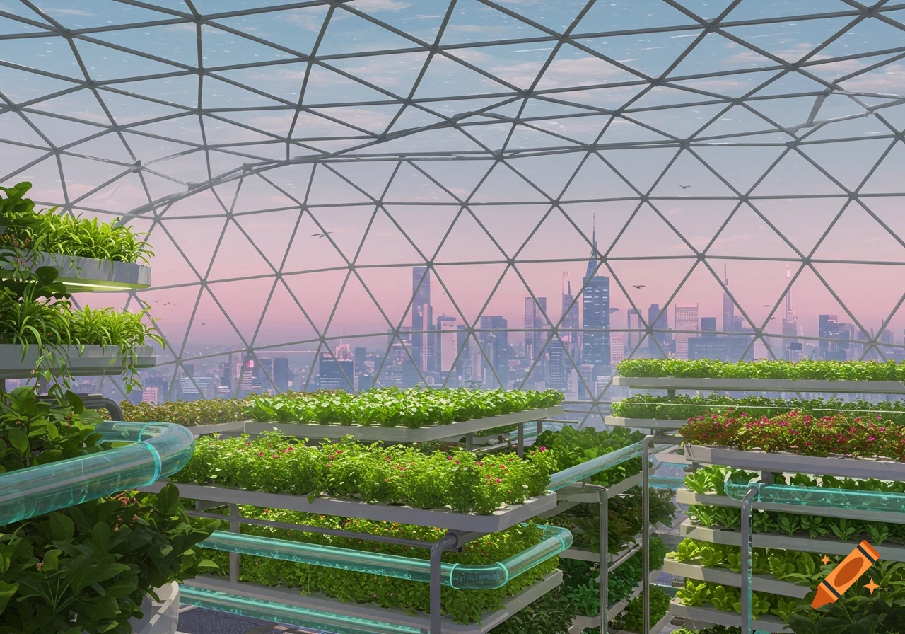 A large indoor hydroponics farm with multiple tiers of plants under a geodesic dome, overlooking ...