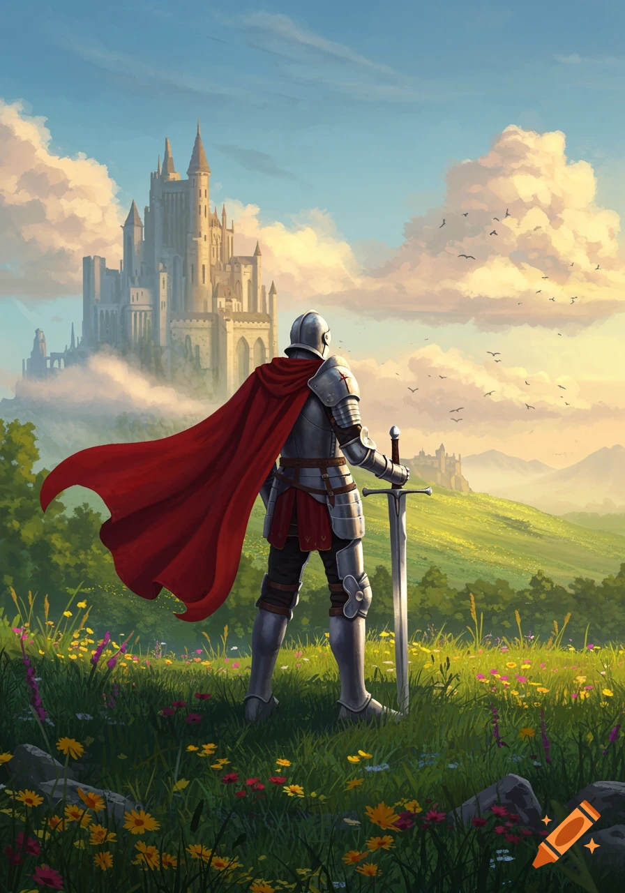 A white knight in shining armor with a blue plume and cape sits atop a ...