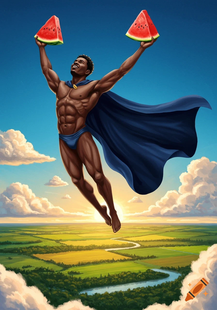 A muscular Black man in a blue cape and speedo flies joyfully over a vibrant green landscape ...