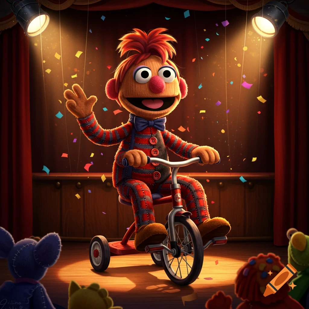 A red-haired Muppet-like puppet in a striped outfit waves while riding ...