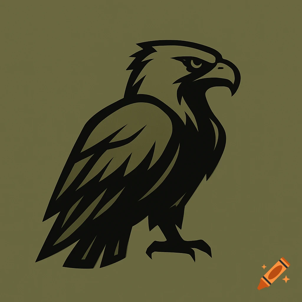 A black, sharp angular, vector-style logo of an eagle in profile ...