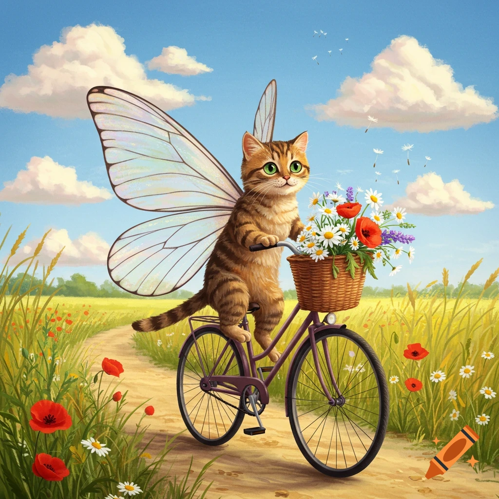 A whimsical tabby cat with butterfly wings rides a bicycle with a ...