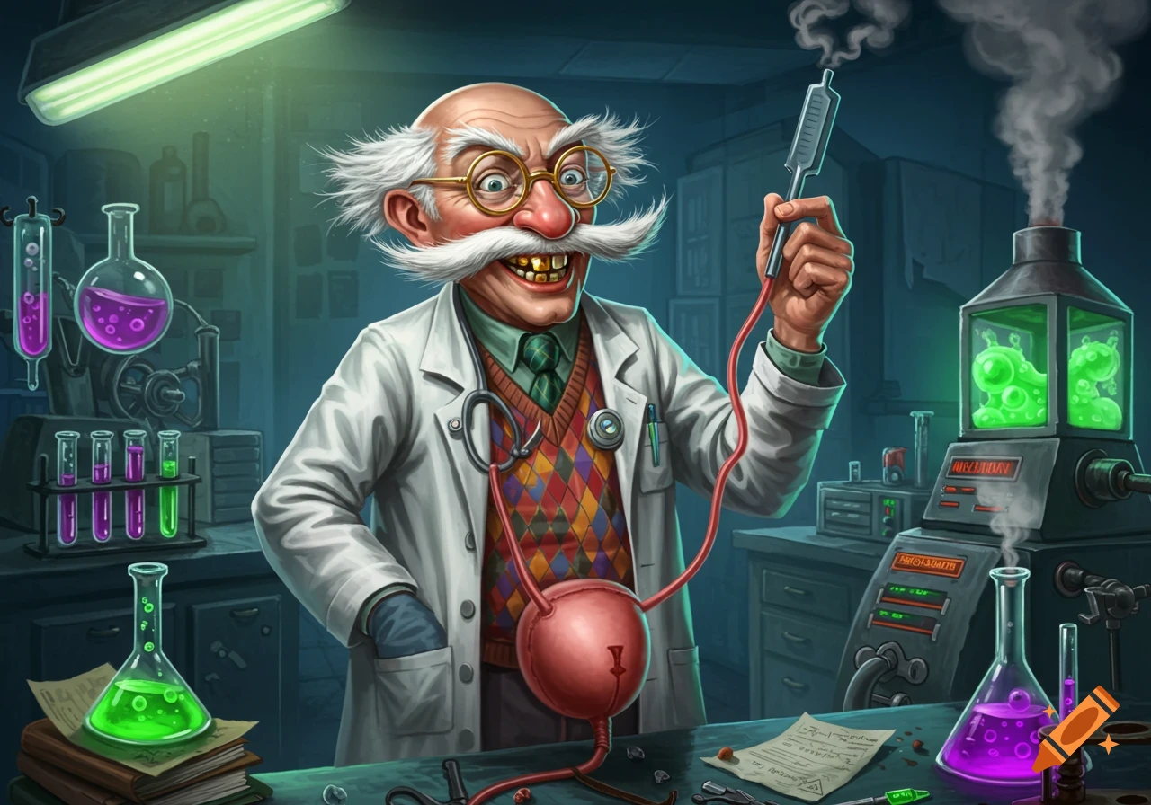 A cartoon evil scientist with a big mustache and gold teeth in a lab ...