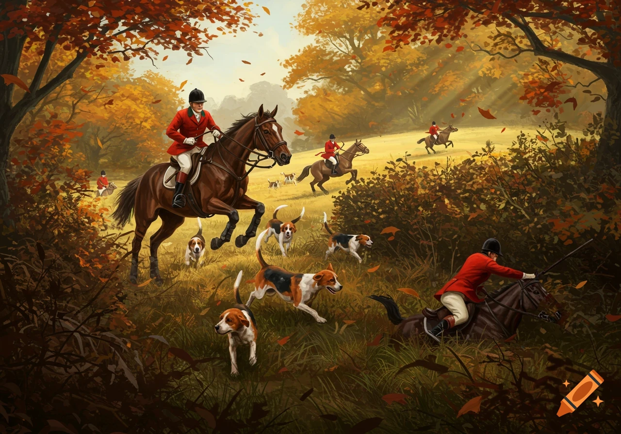 A vibrant autumn painting of a fox hunt with riders on horseback and a ...