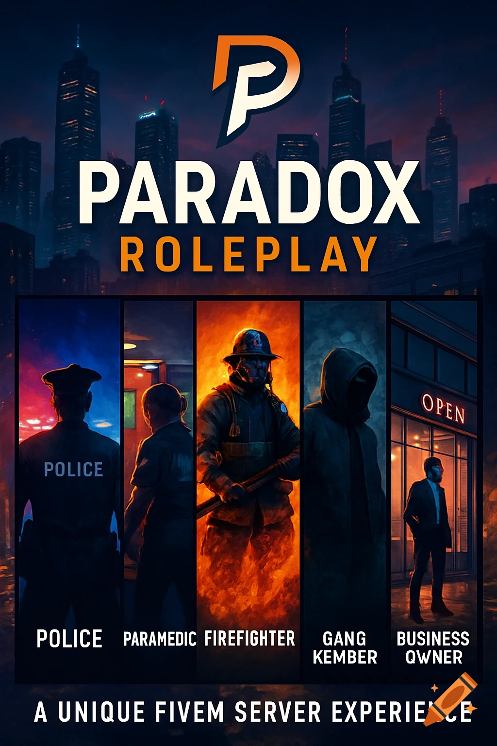 A gaming poster for 'Paradox Roleplay' featuring various character ...