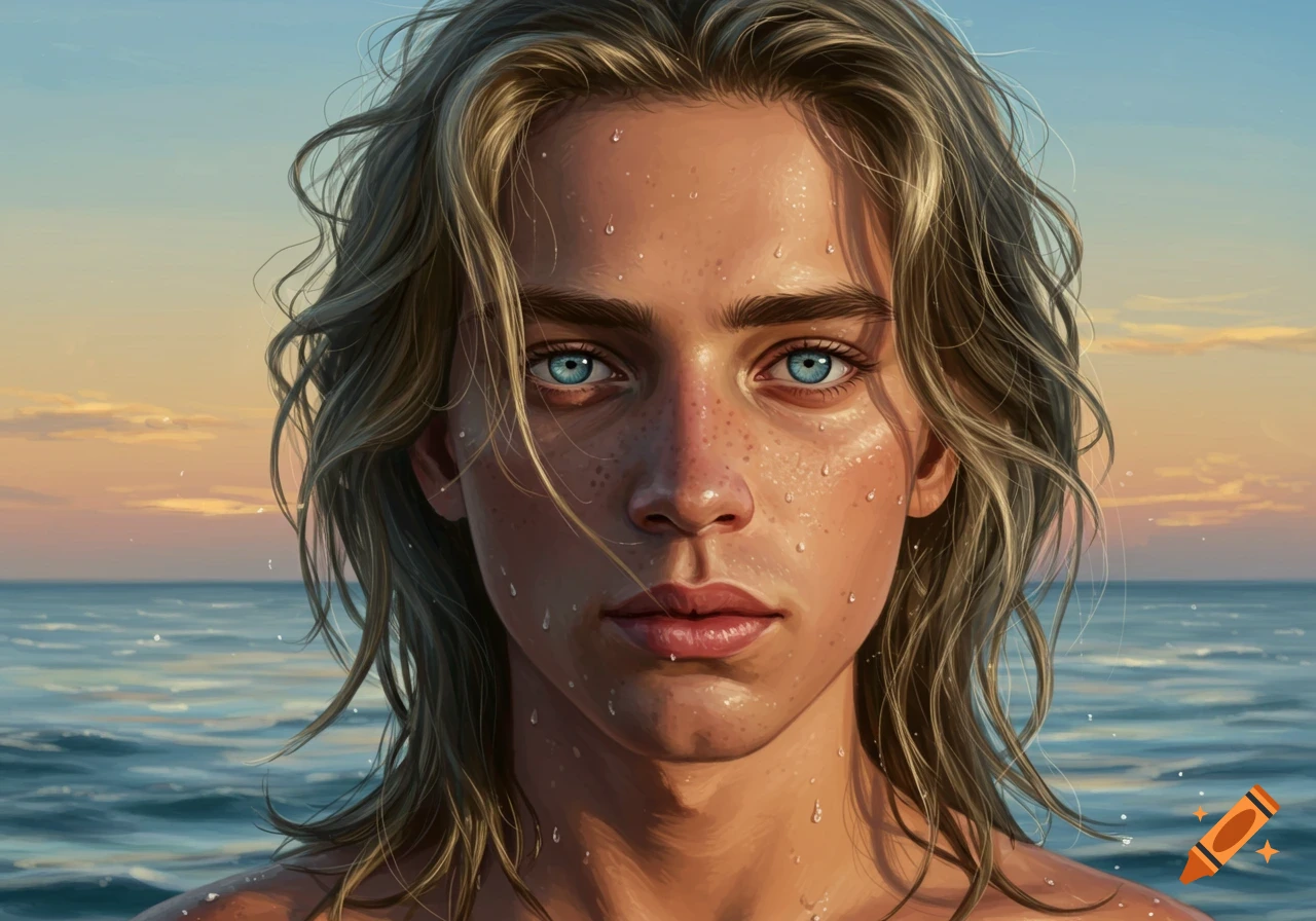 Close-up digital painting of a person with blue eyes and wet blonde ...