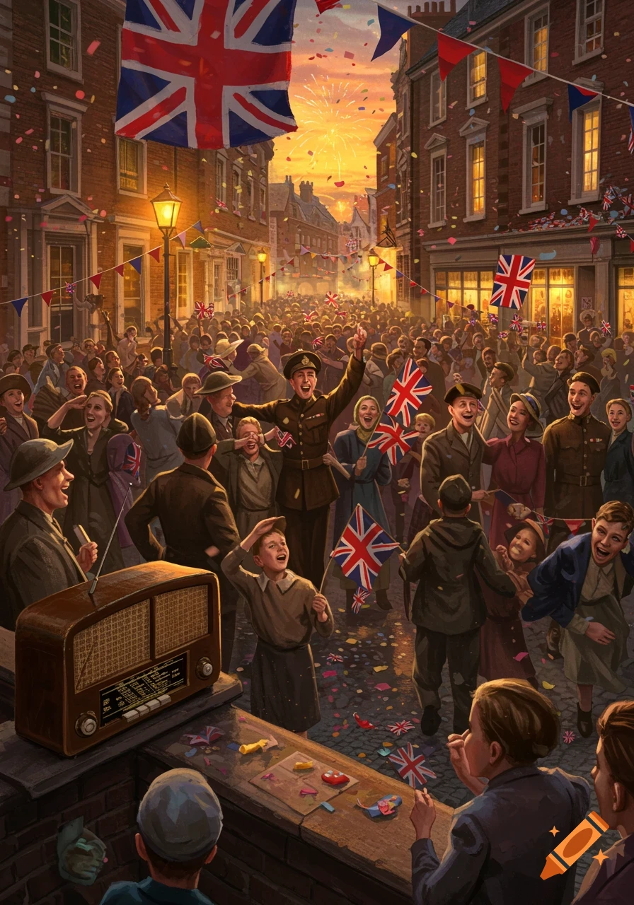 A large crowd celebrates in a bustling street, adorned with Union Jack ...