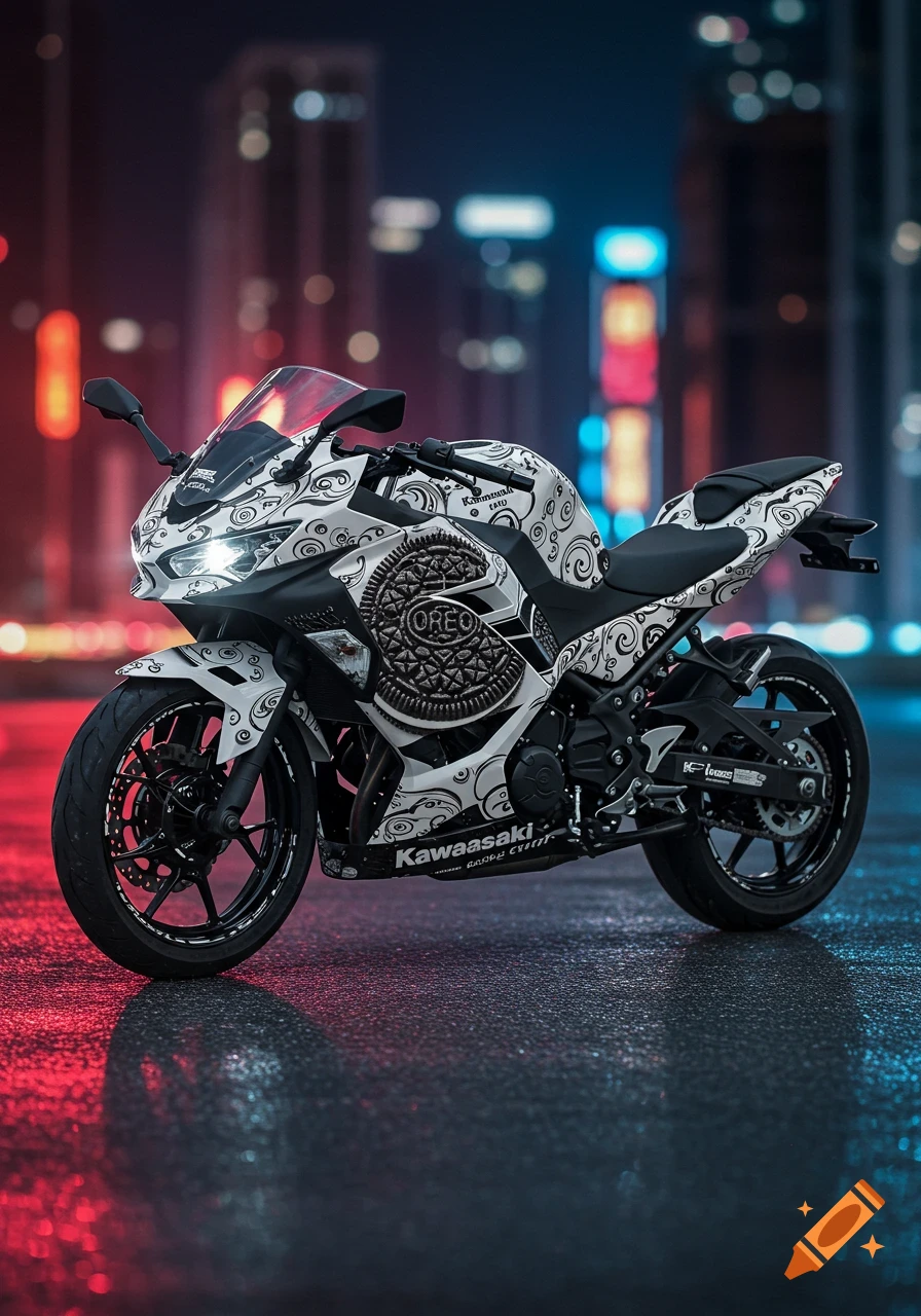 A Kawasaki Ninja 400 motorcycle with white and black Oreo cookie livery ...