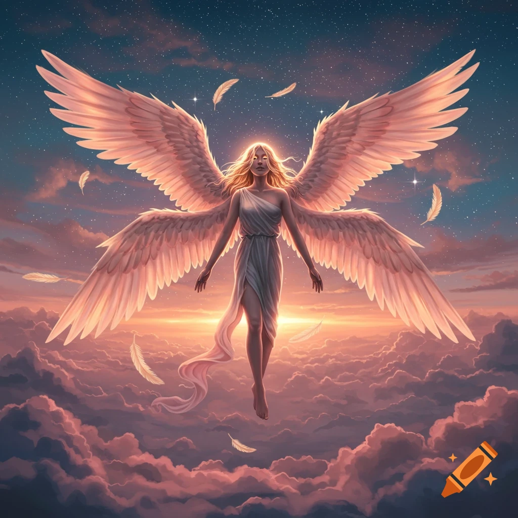 A dark-haired, winged goddess with pointed ears and a halo, wearing a ...