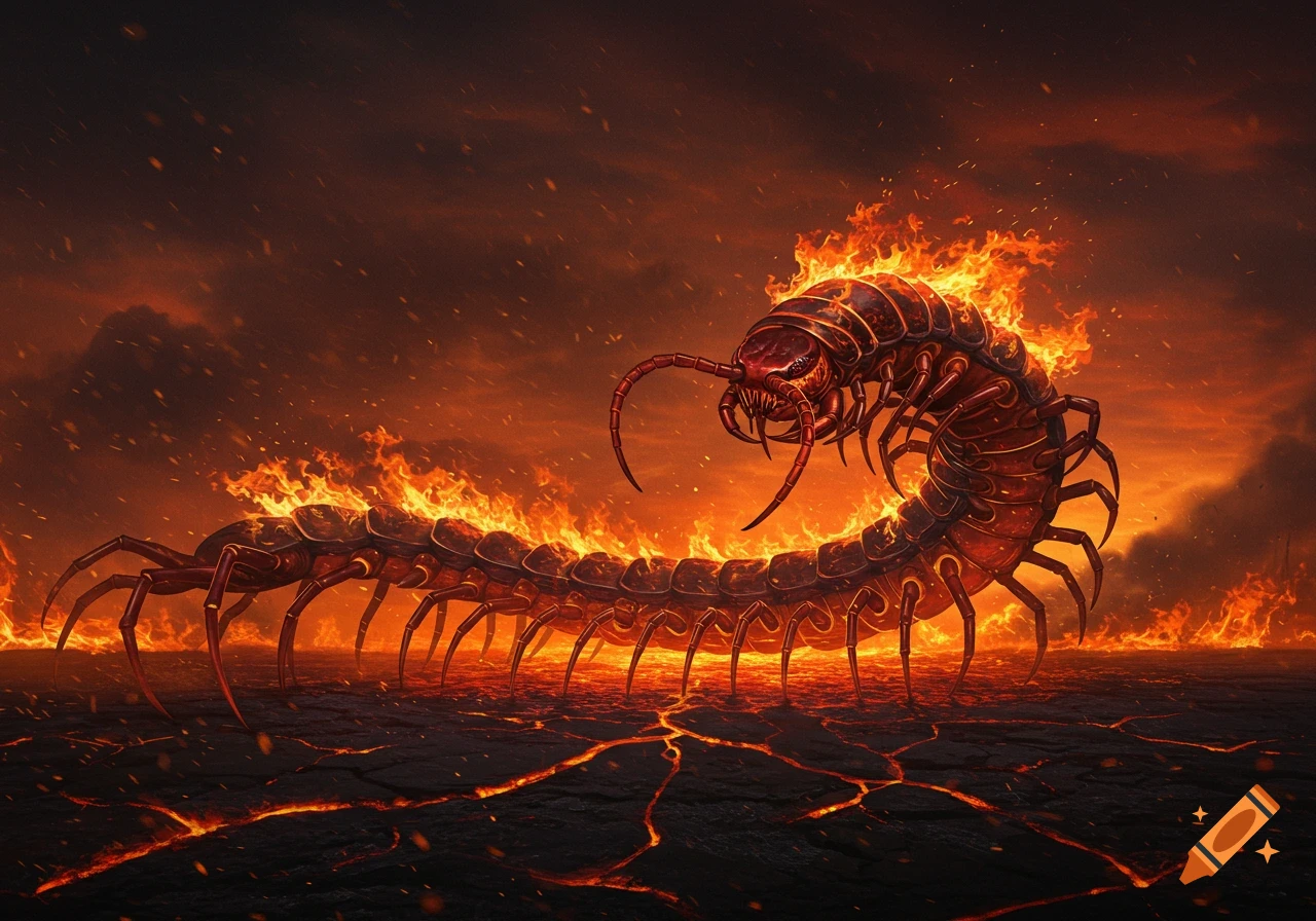 A fiery, monstrous centipede with many legs on cracked, glowing ground ...