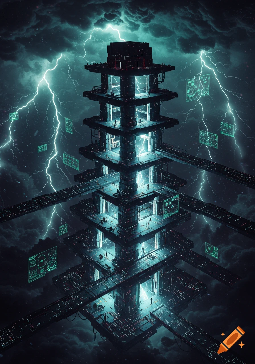 A towering, glowing sci-fi structure with multiple levels and walkways ...