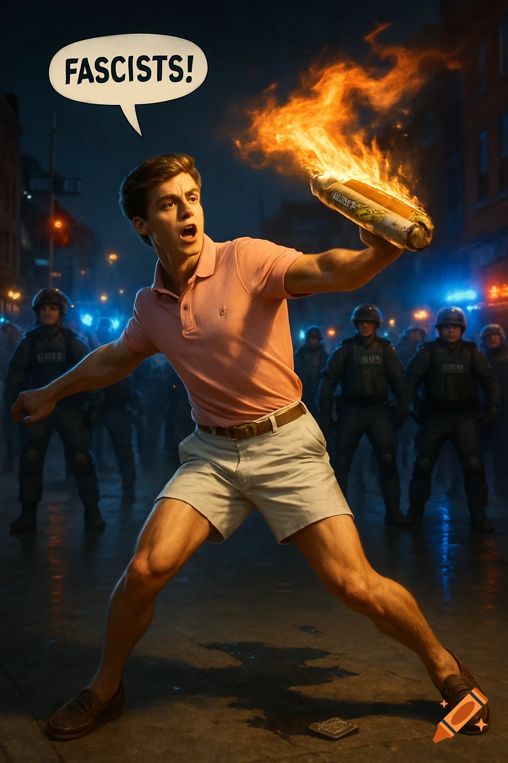 A stylized image of a young man in preppy attire throwing a flaming ...