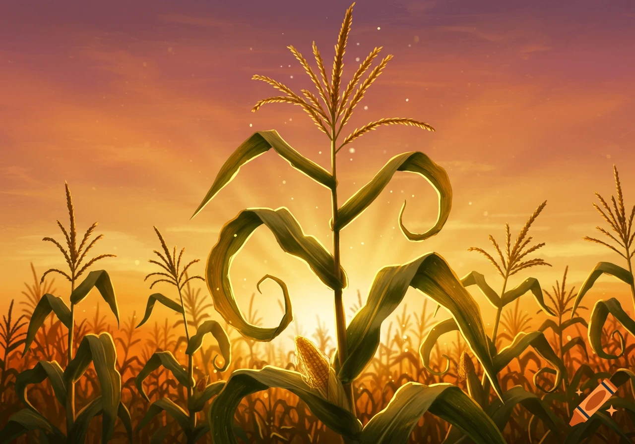 A happy, cartoon corn cob character stands in a golden cornfield at ...