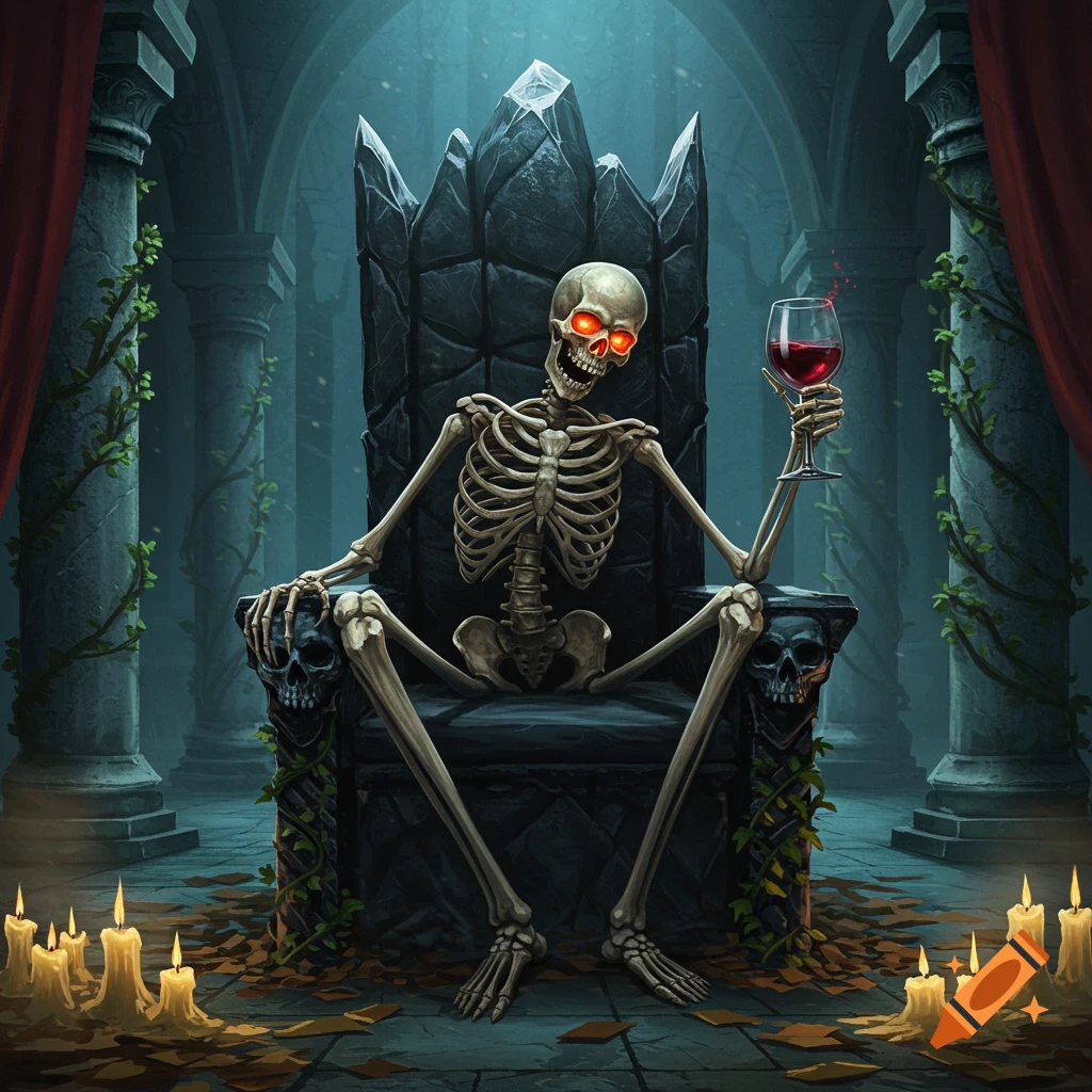 A skeleton with glowing red eyes sits on a gothic stone throne, holding ...