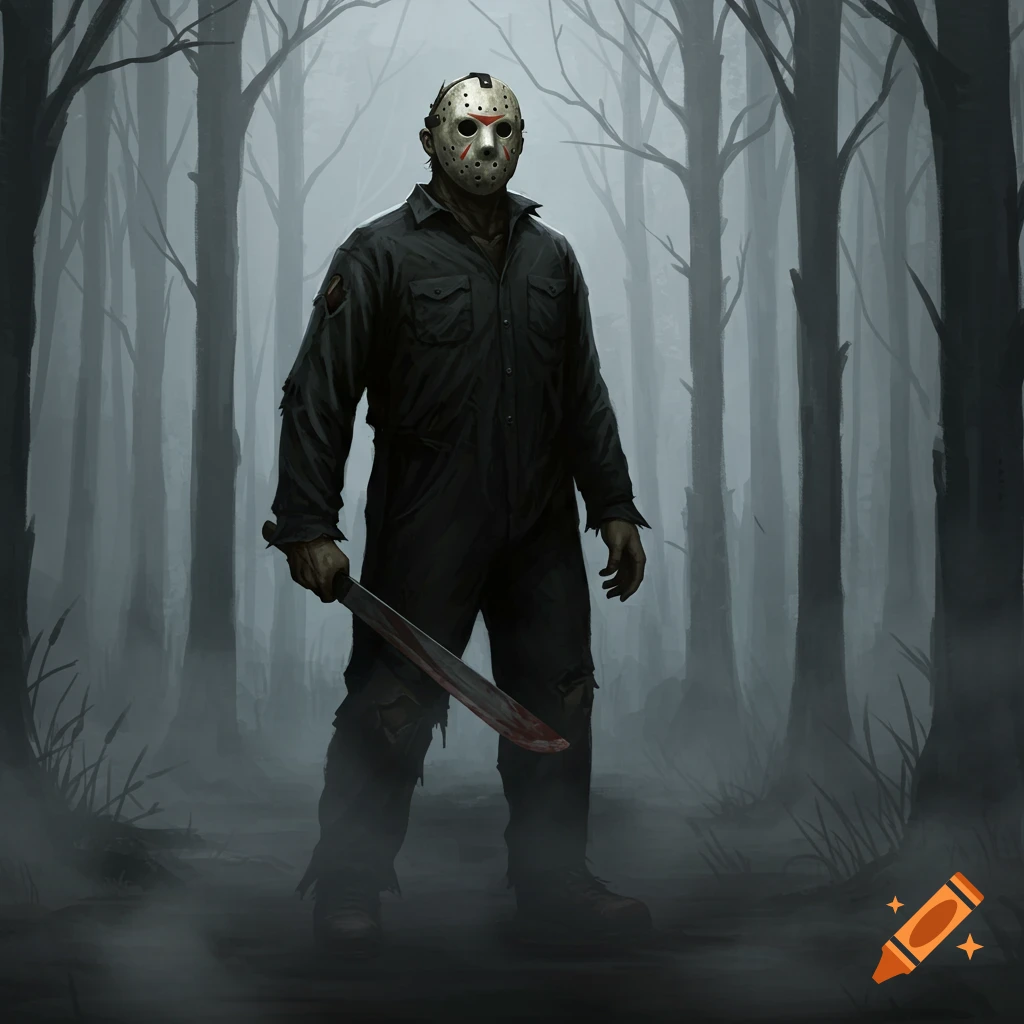 Jason Voorhees in a dark, misty forest, holding a blood-stained machete ...