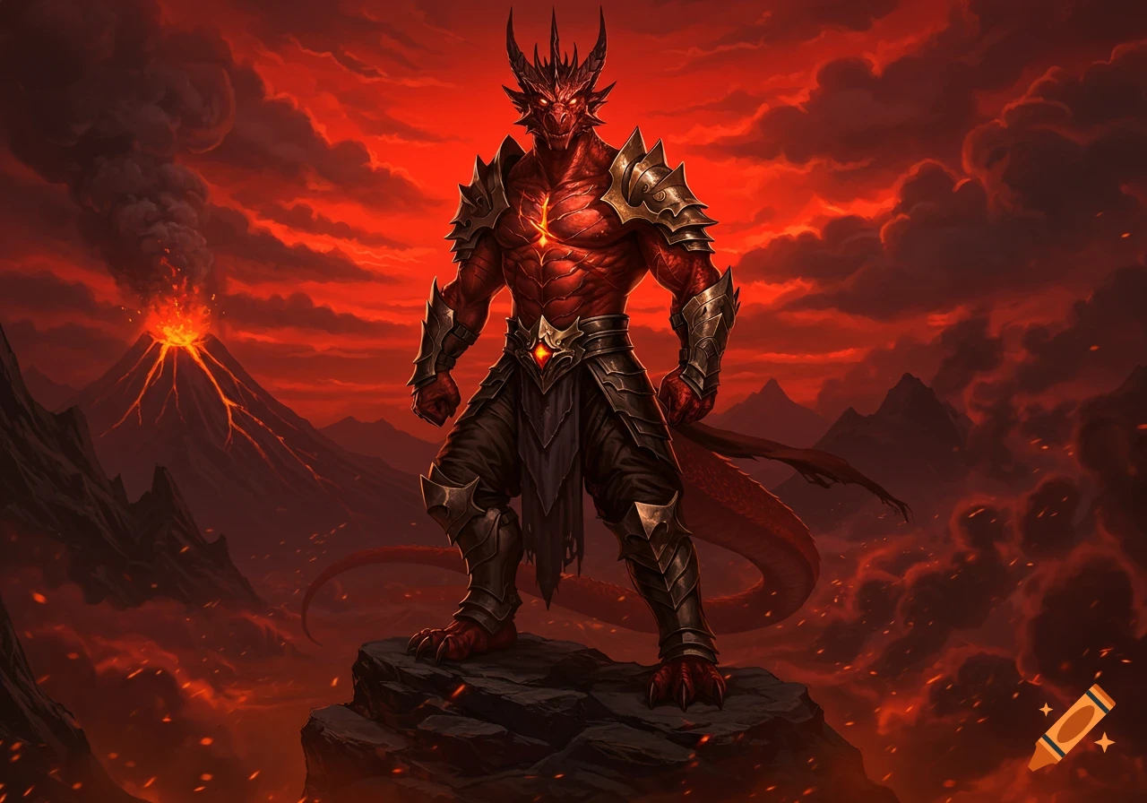 A powerful red humanoid dragon in spiked armor stands on a rock before ...