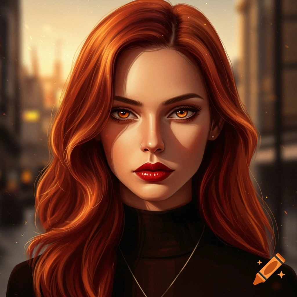 Digital portrait of a woman with black hair, red highlights, and blue eyes in a rainy city night ...