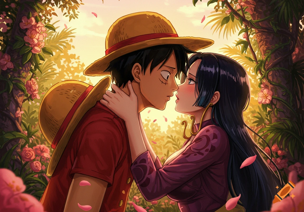 Anime illustration of Luffy smiling as Boa Hancock embraces him on a ...