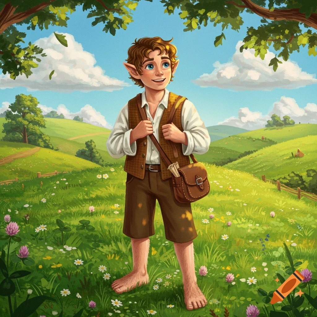 Illustration of a young hobbit boy with pointed ears and hairy feet ...