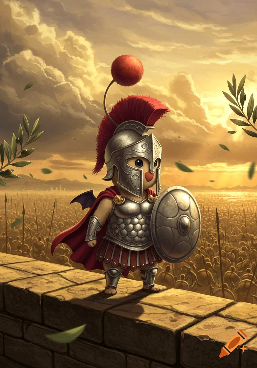 A bronze spear stands upright in a cracked desert with blurred Greek ...