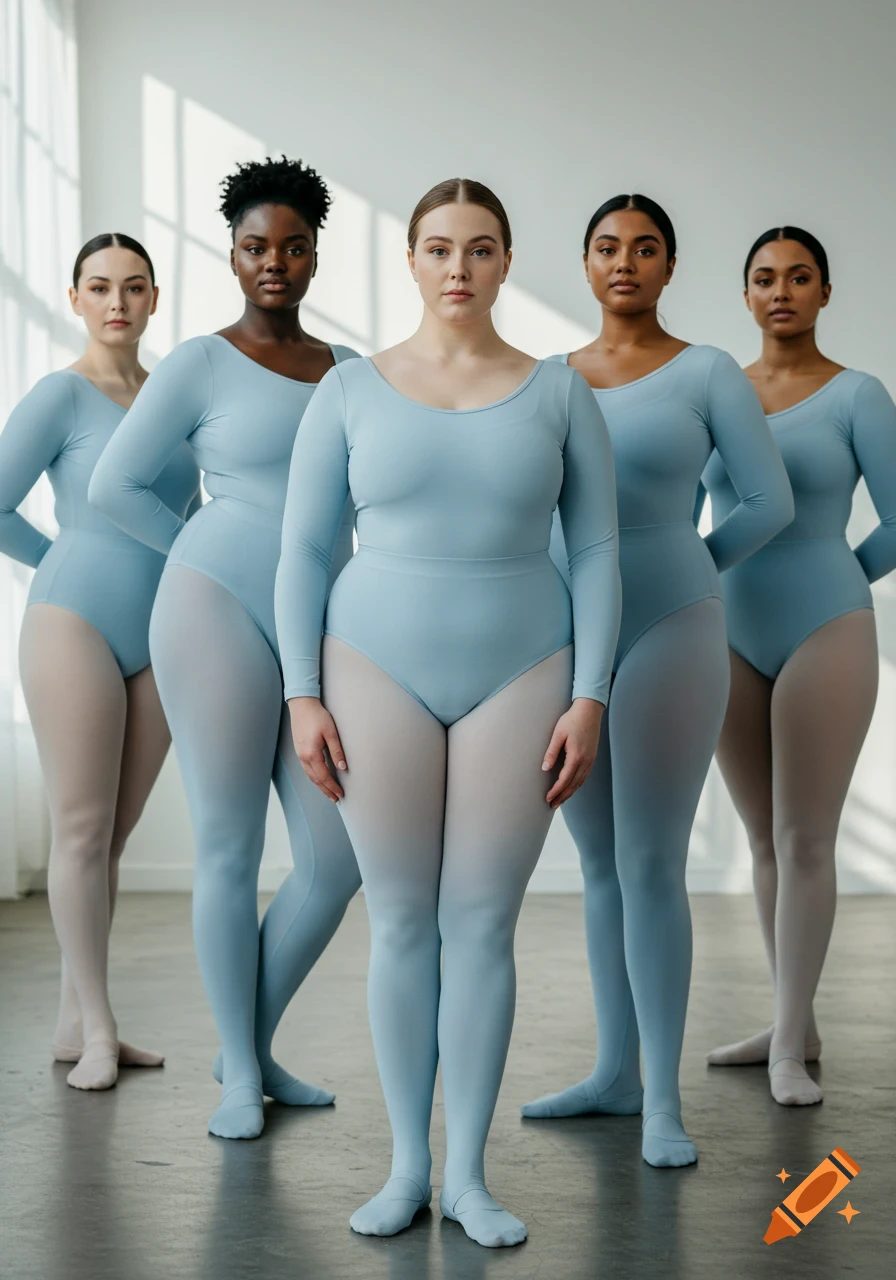 Five diverse plus-size women in burgundy and teal leotards and tights ...