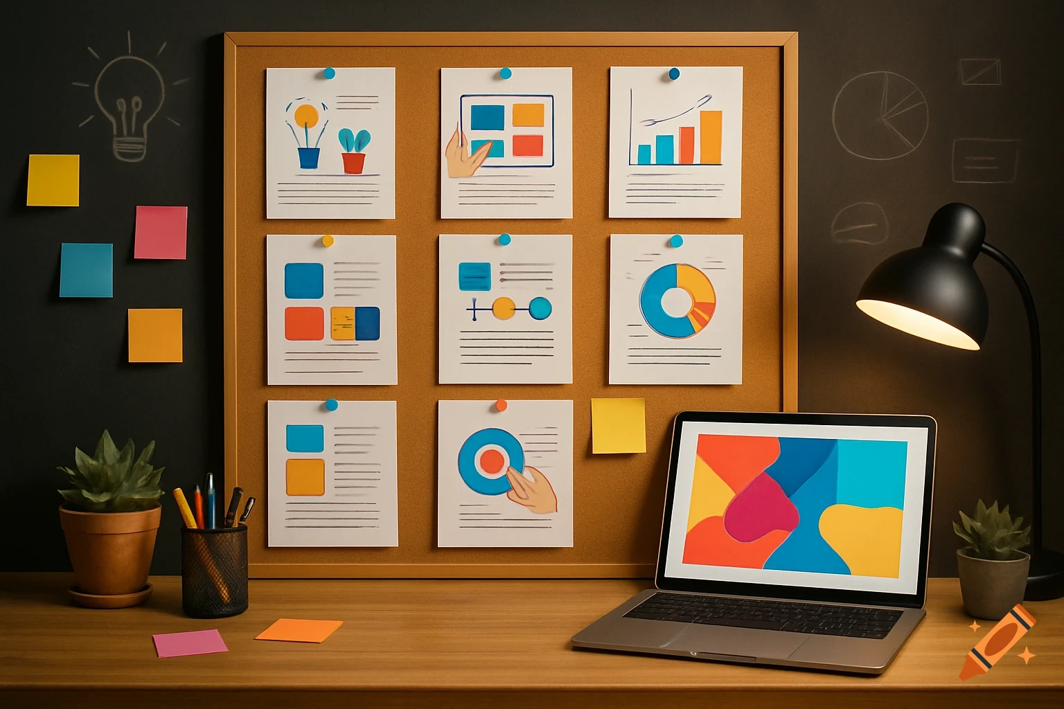 A flat lay of a desk with a cork board displaying nine papers with ...