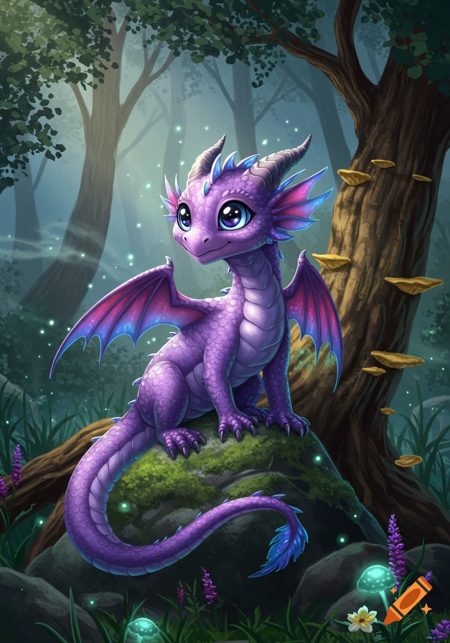 A cute purple dragon with large blue eyes sits on a mossy rock in a magical forest with glowing ...